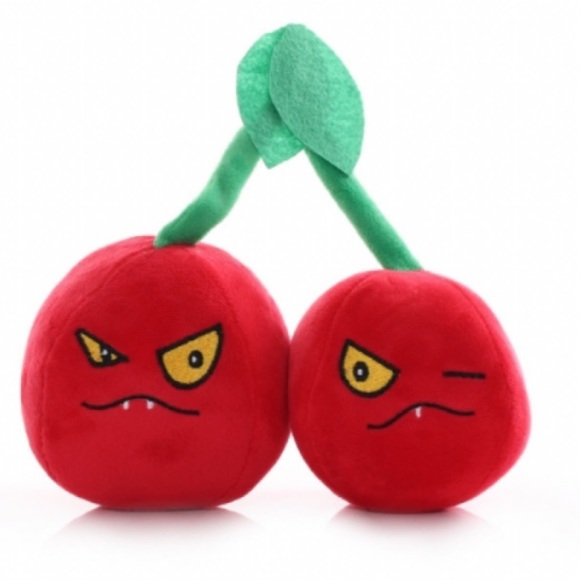 Toys | Red Angry Cherry Plush Stuffed Toy With Green Stem | Poshmark